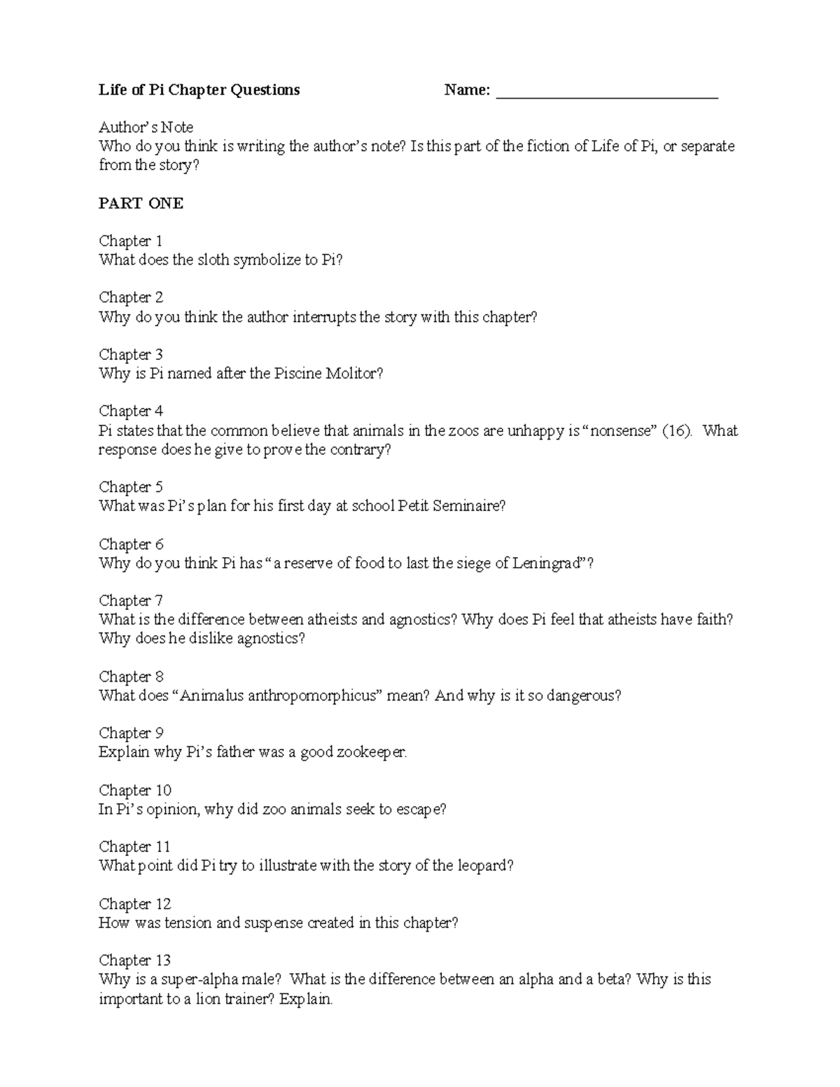 Life of pi chapter question - Life of Pi Chapter Questions Name