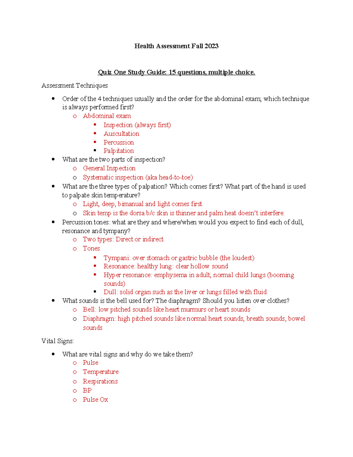 HA Exam 1 - Study guide - Health Assessment Fall 2023 Quiz One Study ...