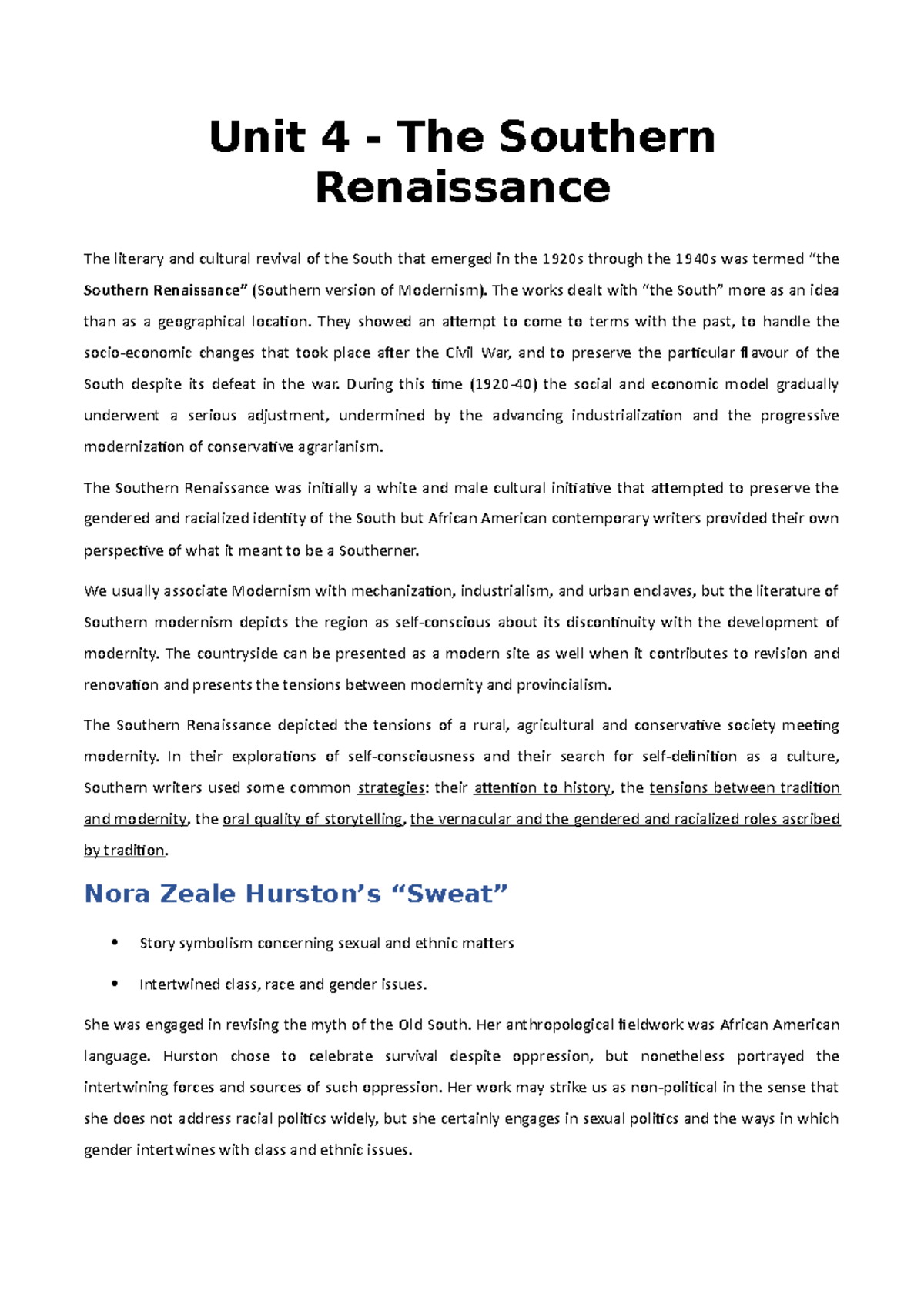 Unit 4 - The Southern Renaissance - The works dealt with “the South ...