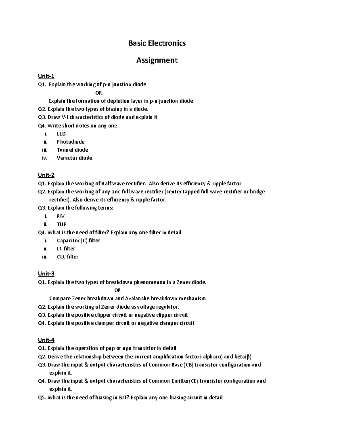 Basic Electronics Assignment - Basic Electronics Assignment Unit- Q1 ...