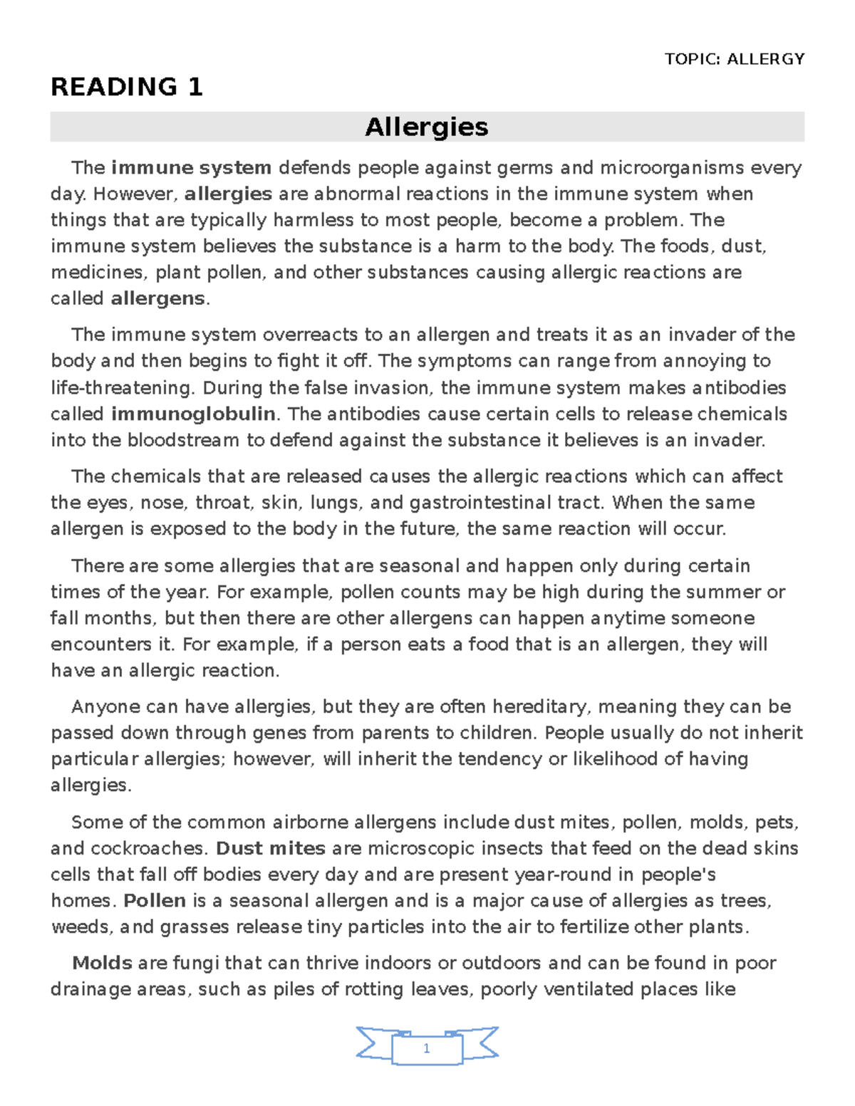 Allergy READING COMPREHENSION - READING 1 Allergies The immune system ...