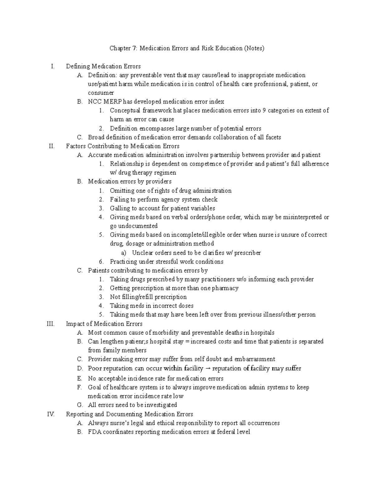 Chapter 7 Medication Errors and Risk Education (Notes) - Defining ...