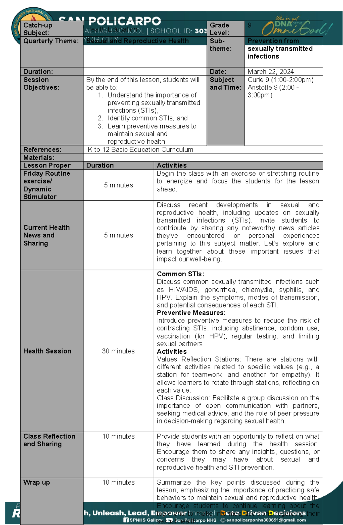 Grade 9 -Health ed catch-up planmine 0322 - Catch-up Subject: Health ...