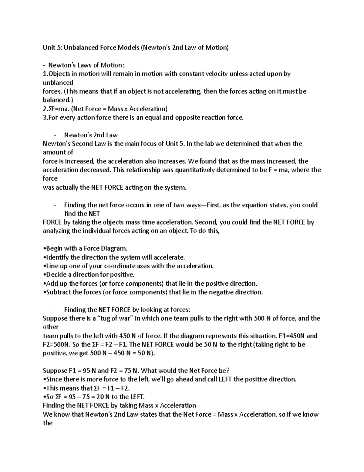 Newton's 2nd Law of Motion - Unit 5: Unbalanced Force Models (Newton's ...