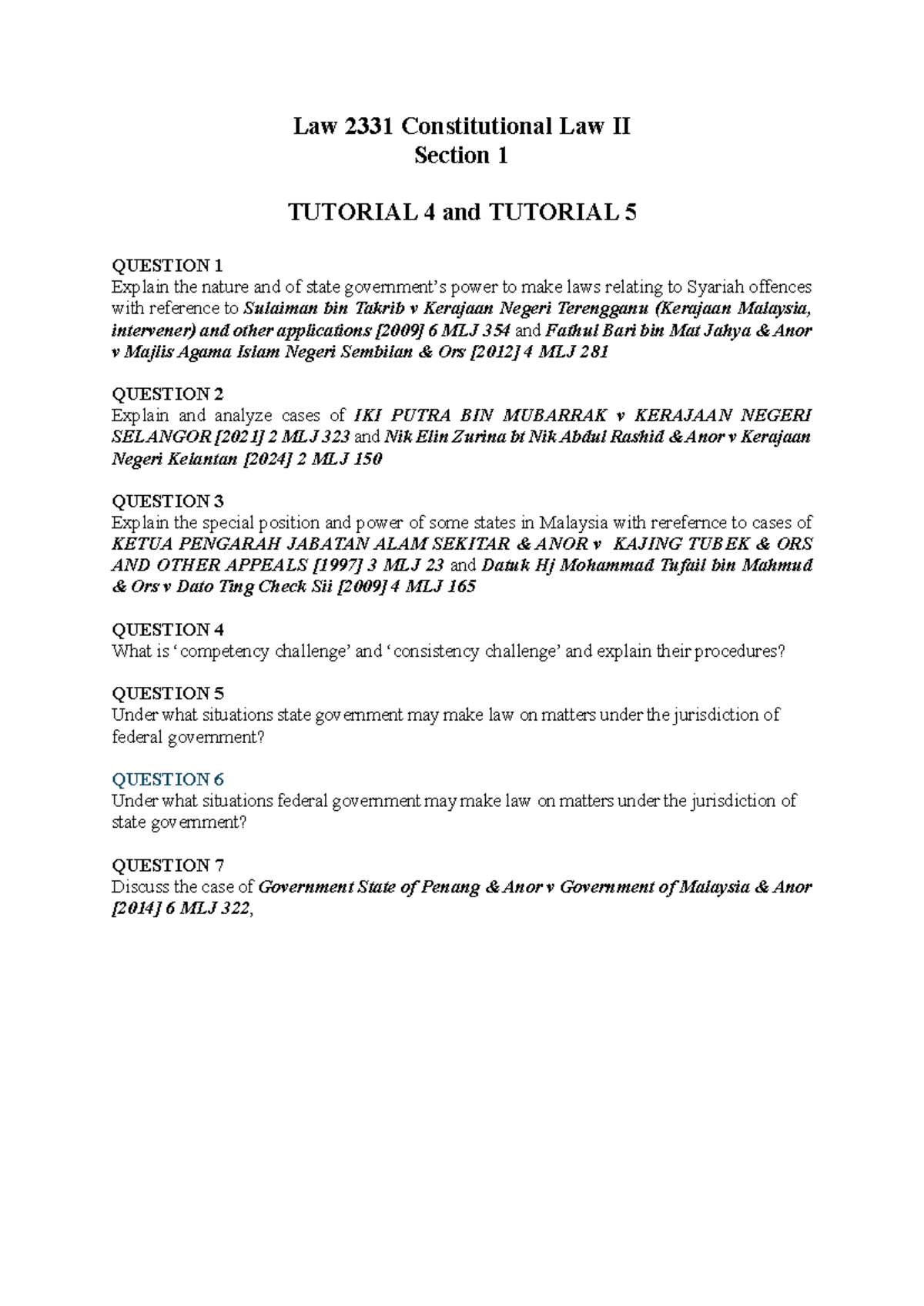 Tutorial 4 and 5 - LAW 2331 - Law 2331 Constitutional Law II Section 1 ...