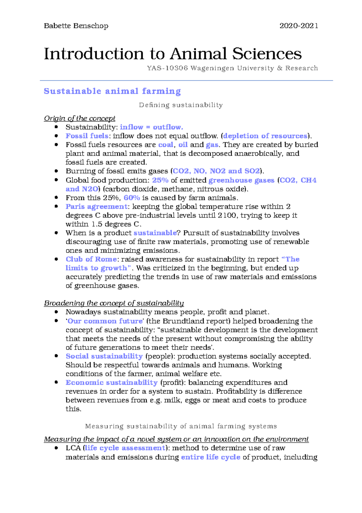 Summary lecture Sustainable Animal Farming - Babette Benschop 2020 ...