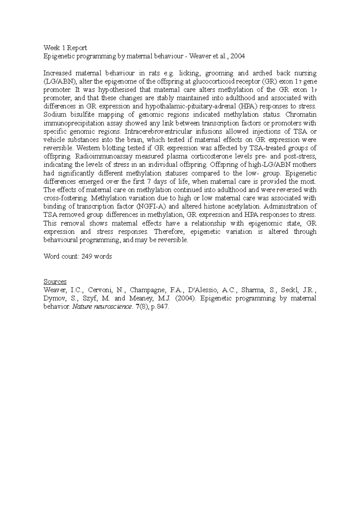 Weekly Report 1 - Week 1 Report Epigenetic programming by maternal ...