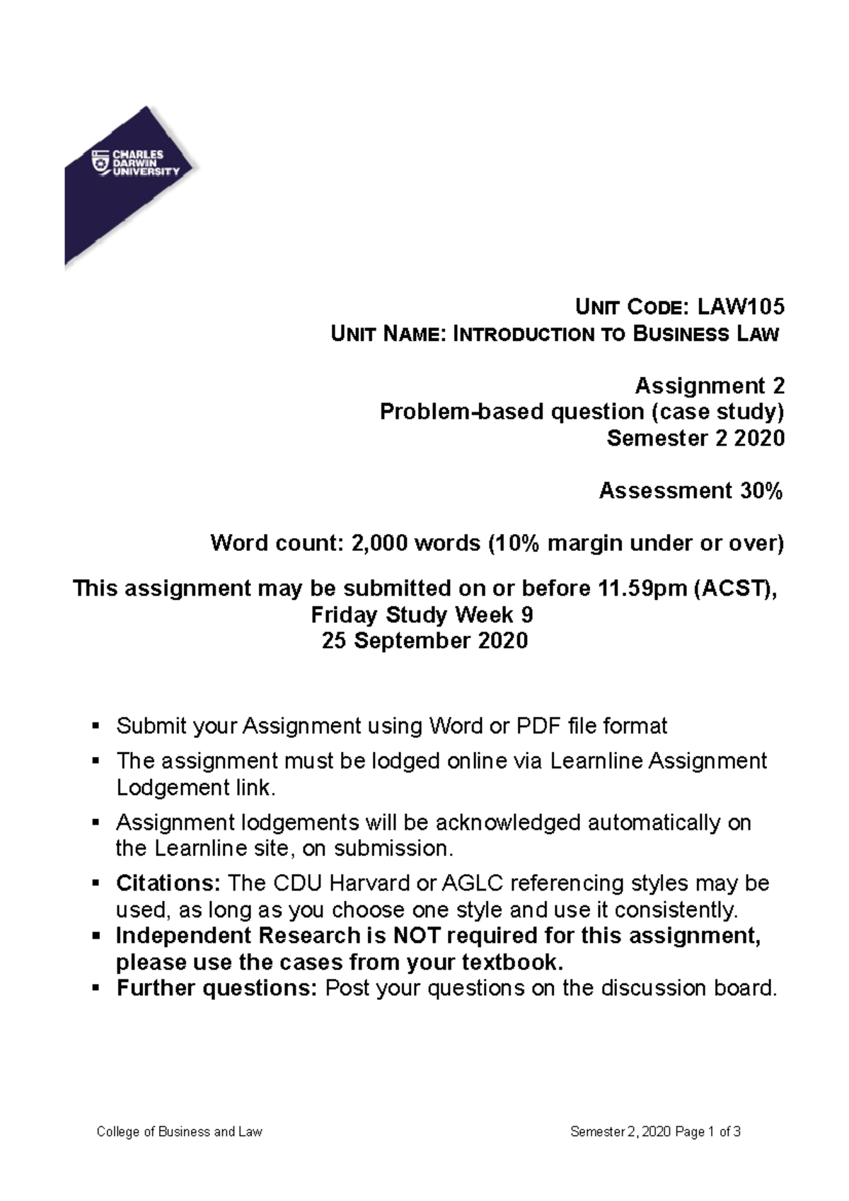 Law105 Assignment 2 Sem 2 2020 Final-1 - UNIT CODE: LAW UNIT NAME ...