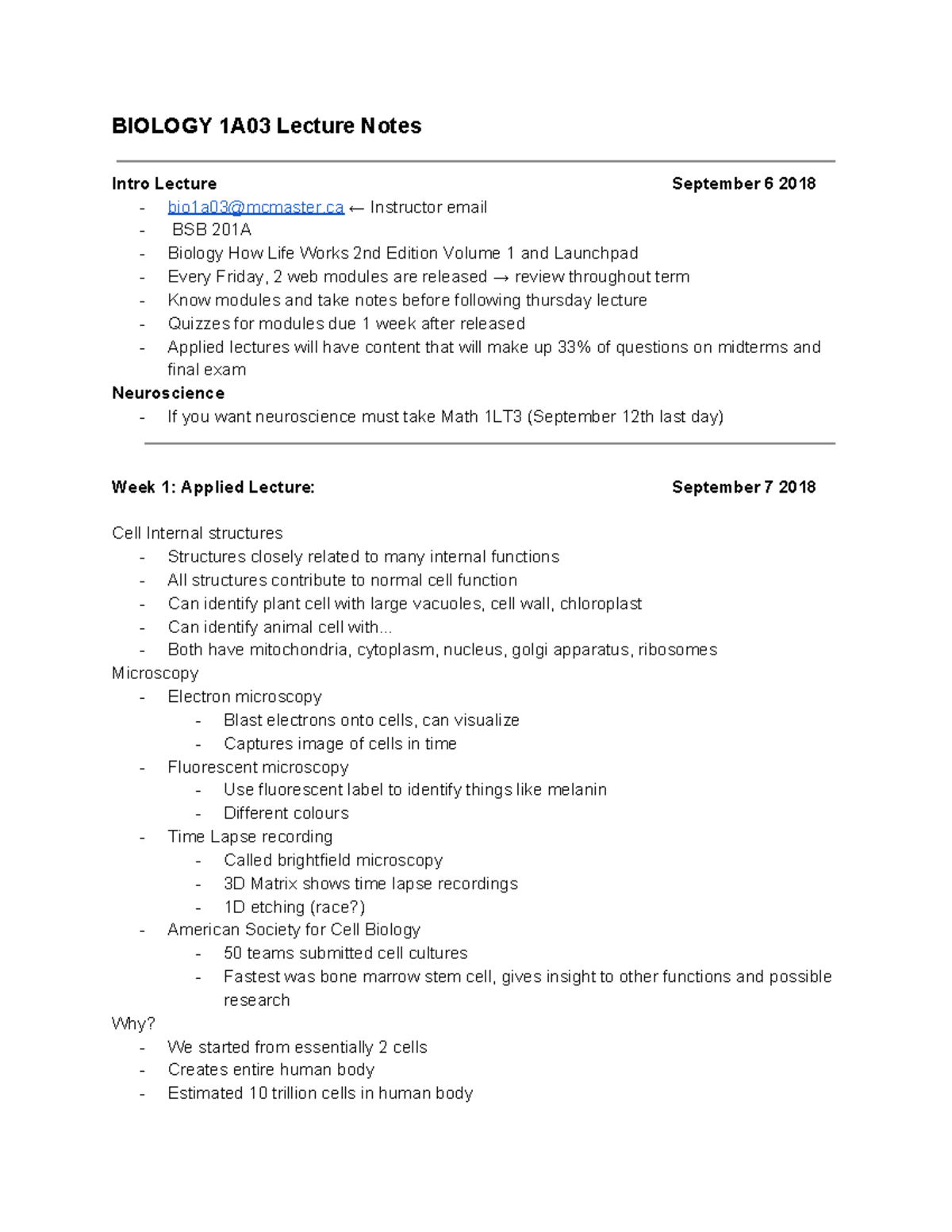 Bio1ao3lecture notes- week 1 to 3 - BIOLOGY 1A03 Lecture Notes Intro ...