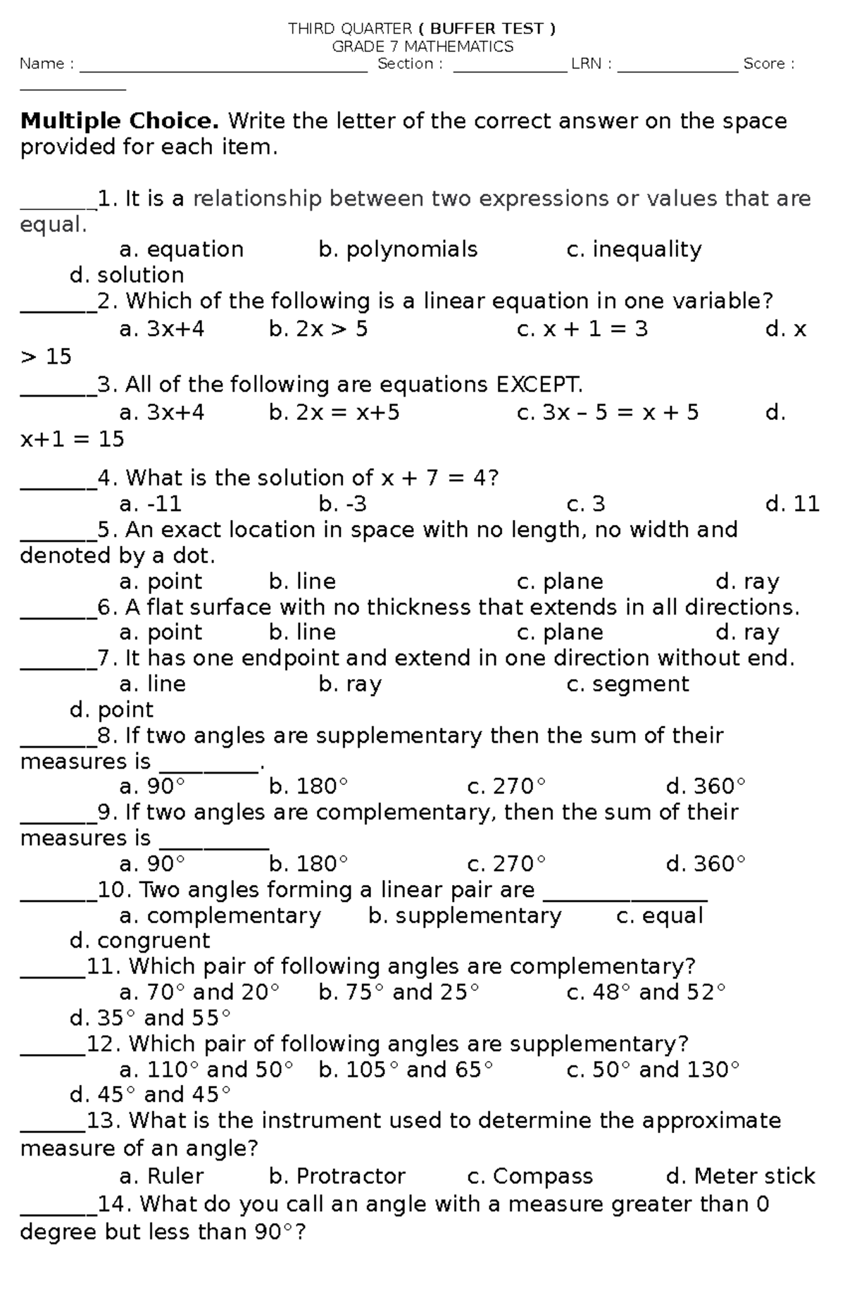Buffer TEST Third Quarter - THIRD QUARTER ( BUFFER TEST ) GRADE 7 ...