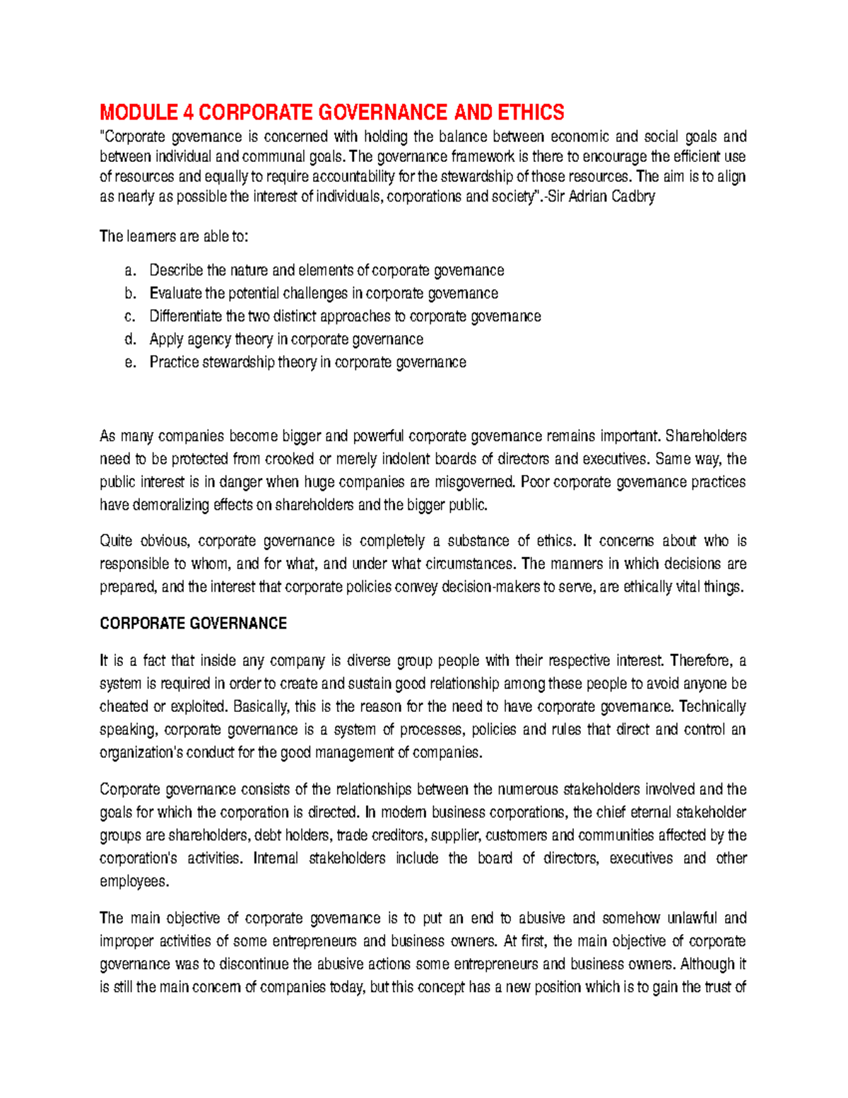 GGSR Corporate Governance AND Ethics - MODULE 4 CORPORATE GOVERNANCE ...