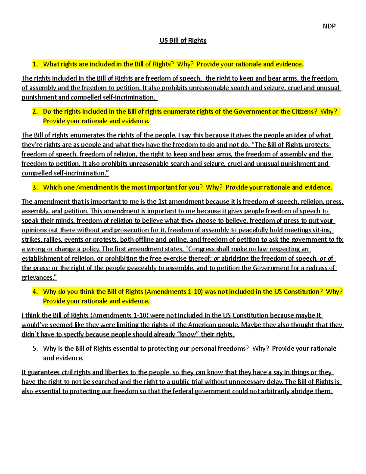 Bill of Rights Questions - NDP US Bill of RIghts What rights are ...