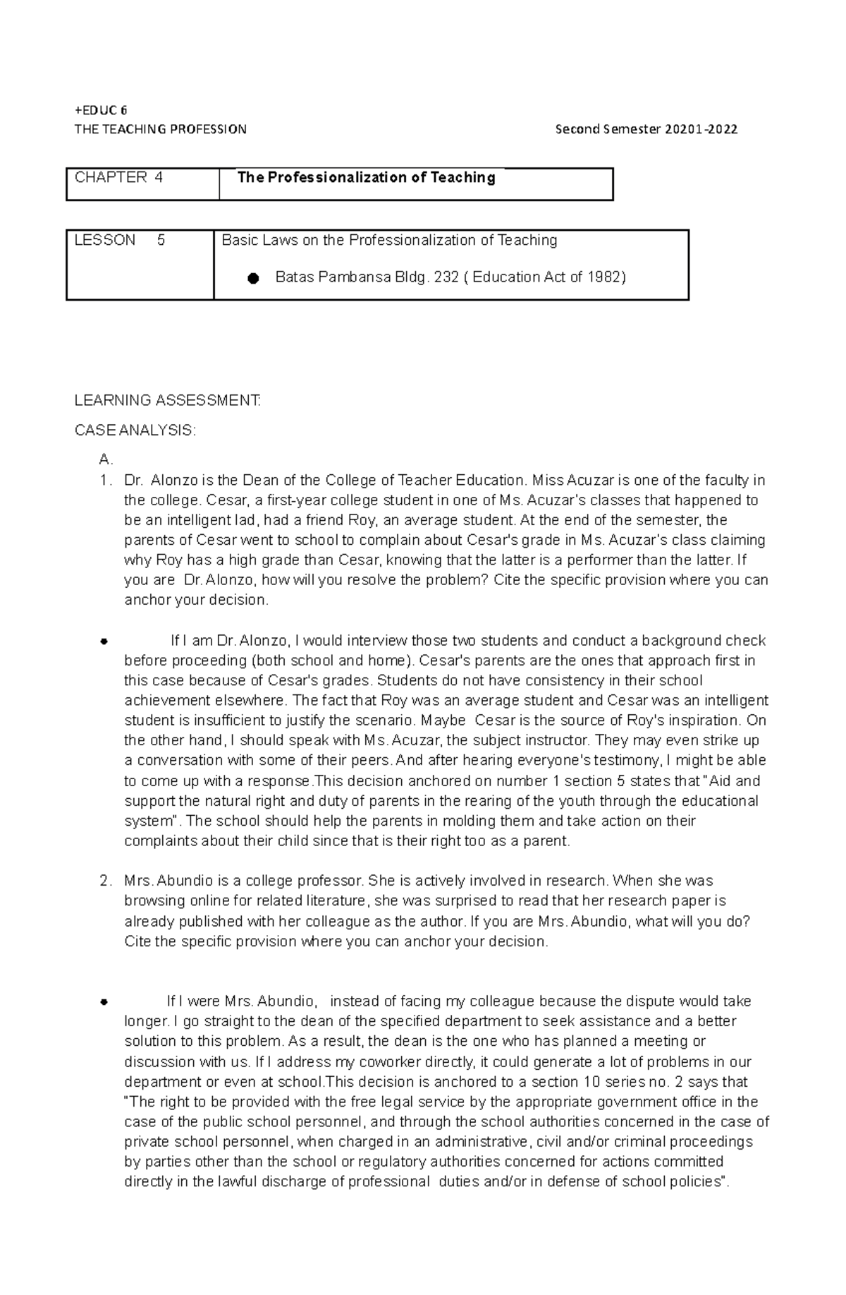 Batas Pam. - Philosophy Inventory Checklist teaching profession ...