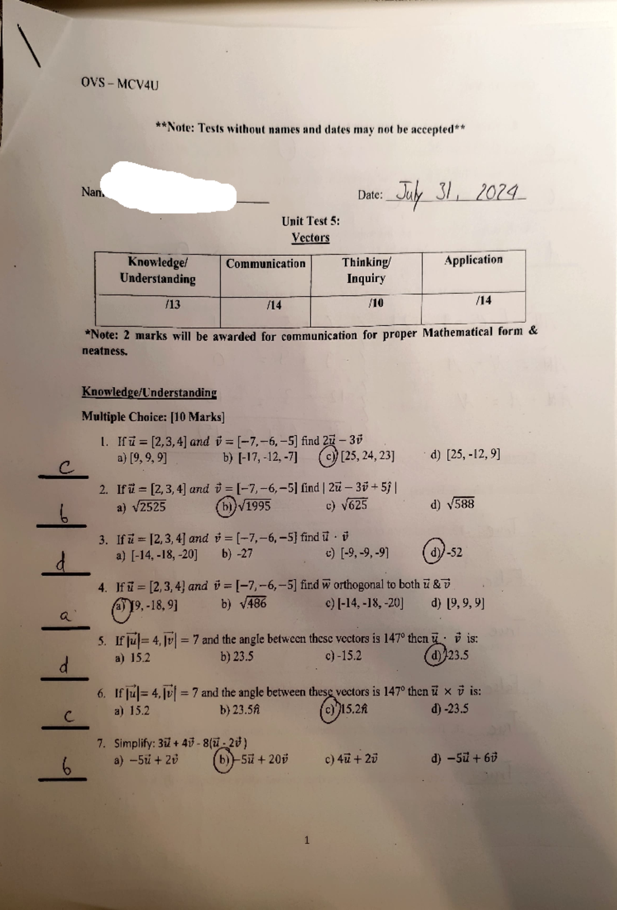 OVS MCV4U Unit 5 Test - Della Maestra - d Name: Note: Tests without ...