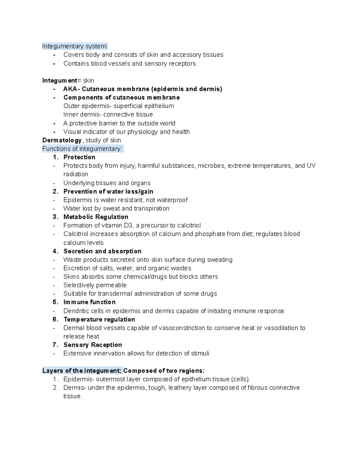 AP- Unit 2 - AP lecture notes - Integumentary system: - Covers body and ...