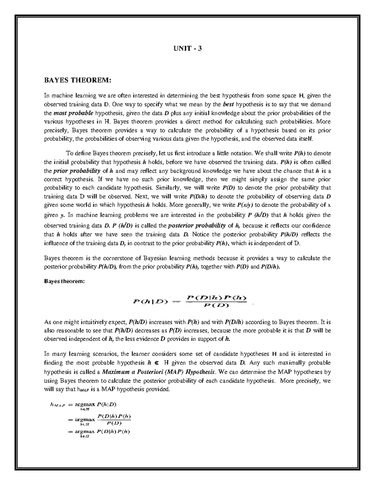 ML UNIT-3 - ML - UNIT - 3 BAYES THEOREM: In machine learning we are ...