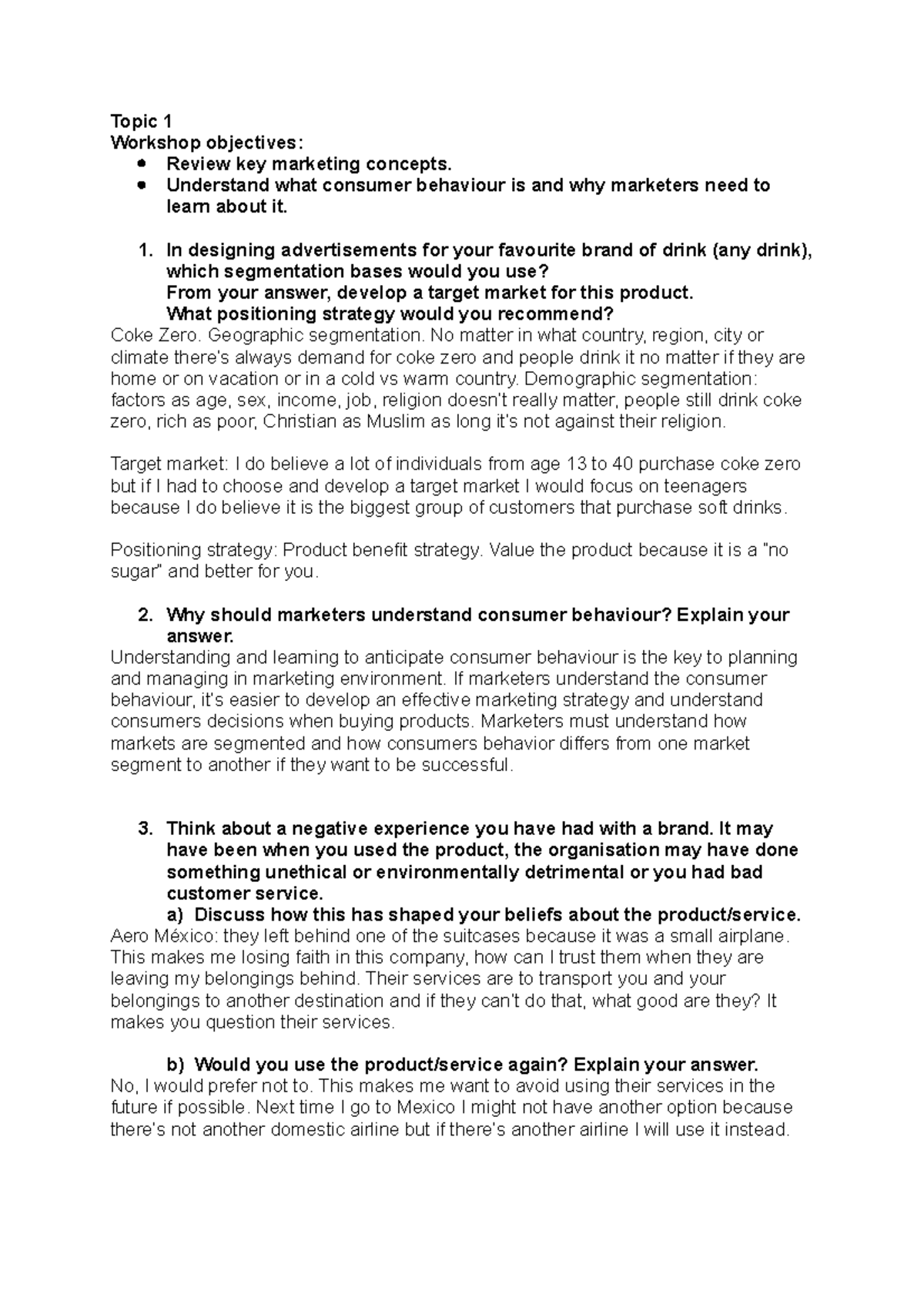 Consumer behaviour notes - Topic 1 Workshop objectives: Review key ...