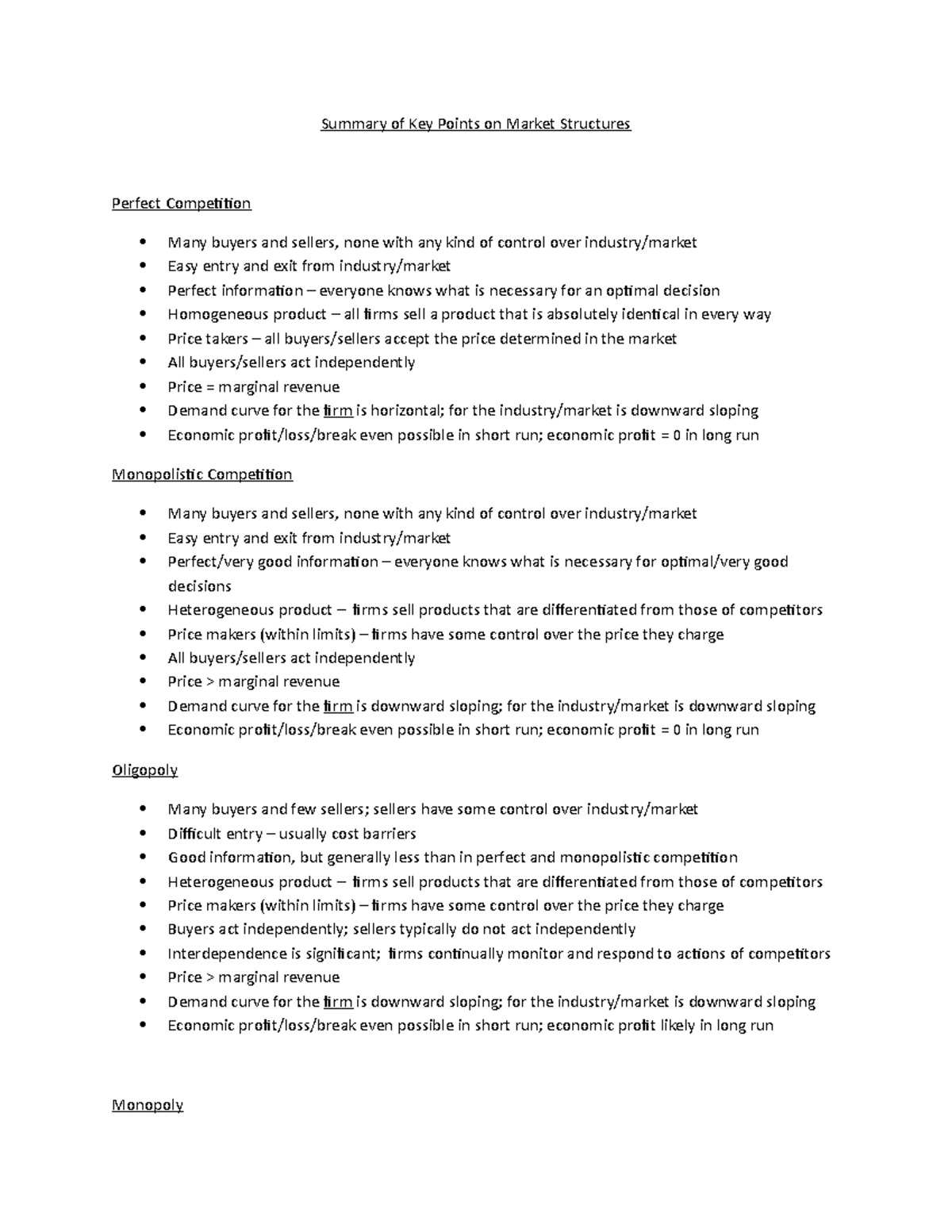 Market Structure Summary - Summary of Key Points on Market Structures ...
