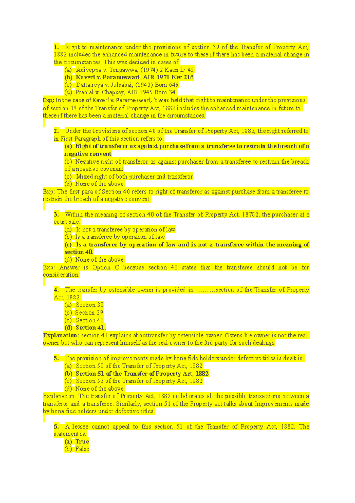 20 Questioms - 1. Right to maintenance under the provisions of section ...