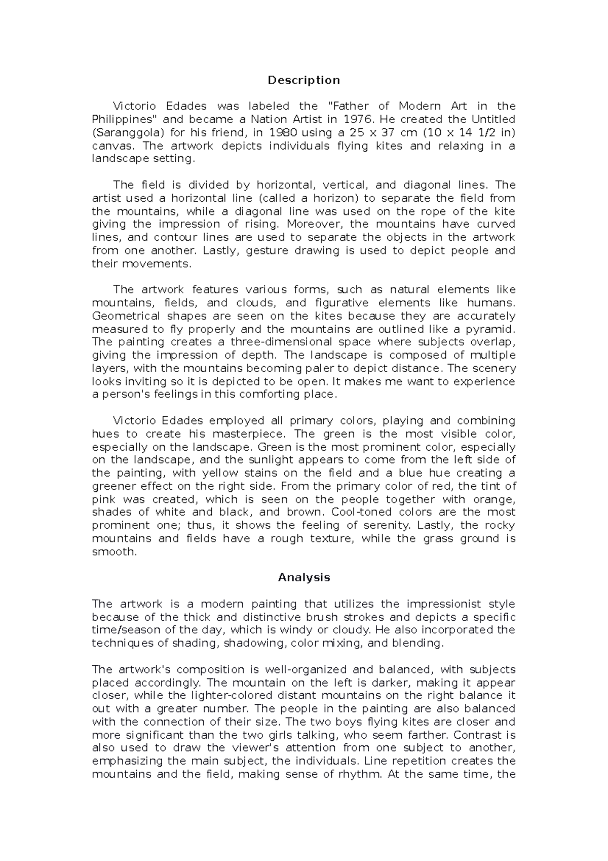 Art Analysis on Victorio Edades' Saranggola - Description Victorio ...