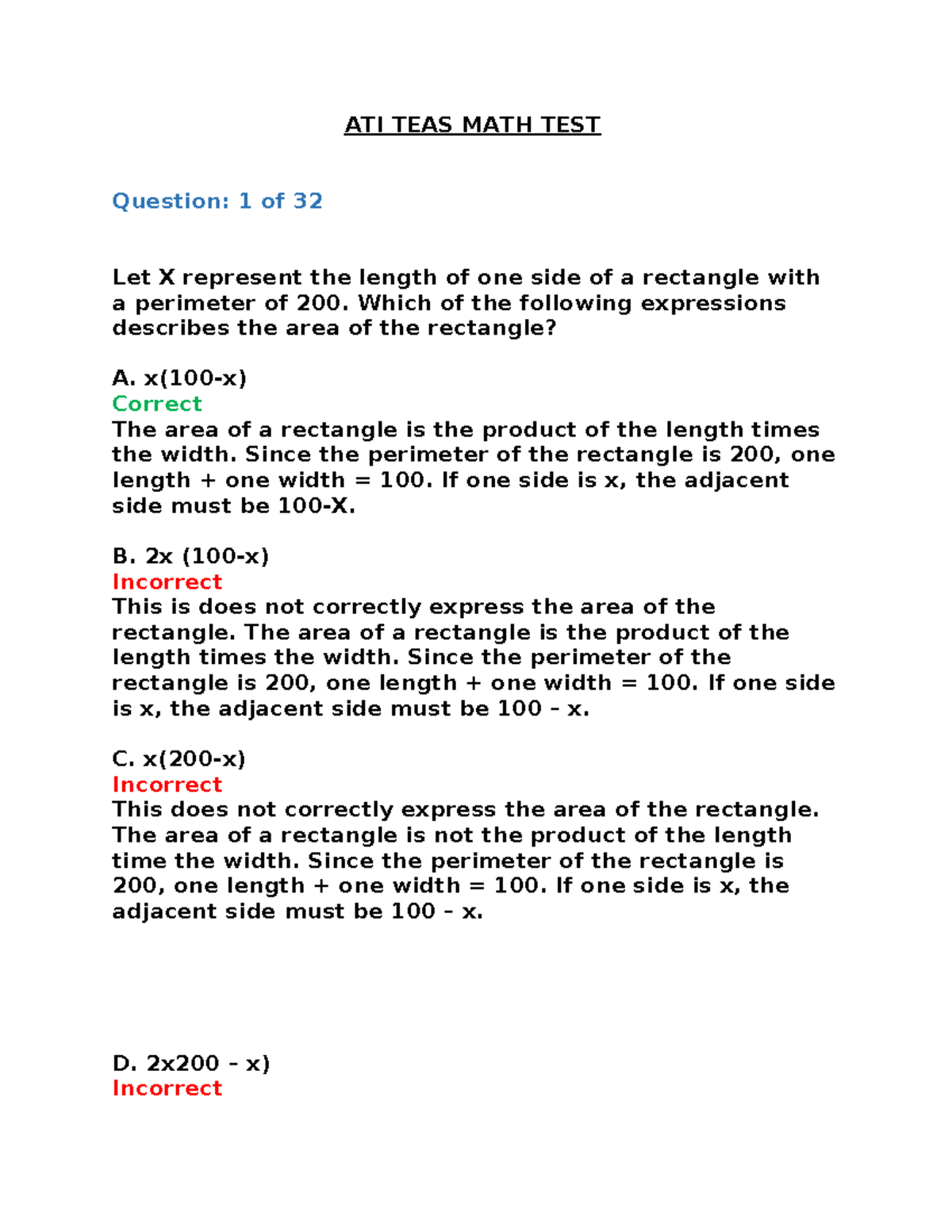 ATI TEAS MATH TEST - Lecture Notes - ATI TEAS MATH TEST Question: 1 of ...