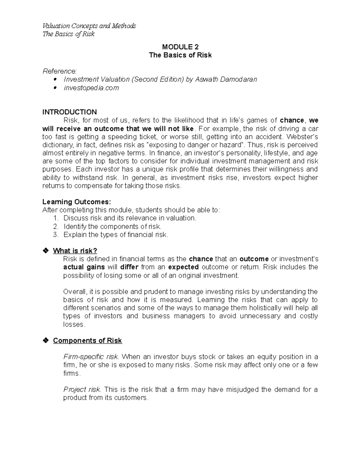 Module 2 - The Basics of Risk(14) - The Basics of Risk MODULE 2 The ...