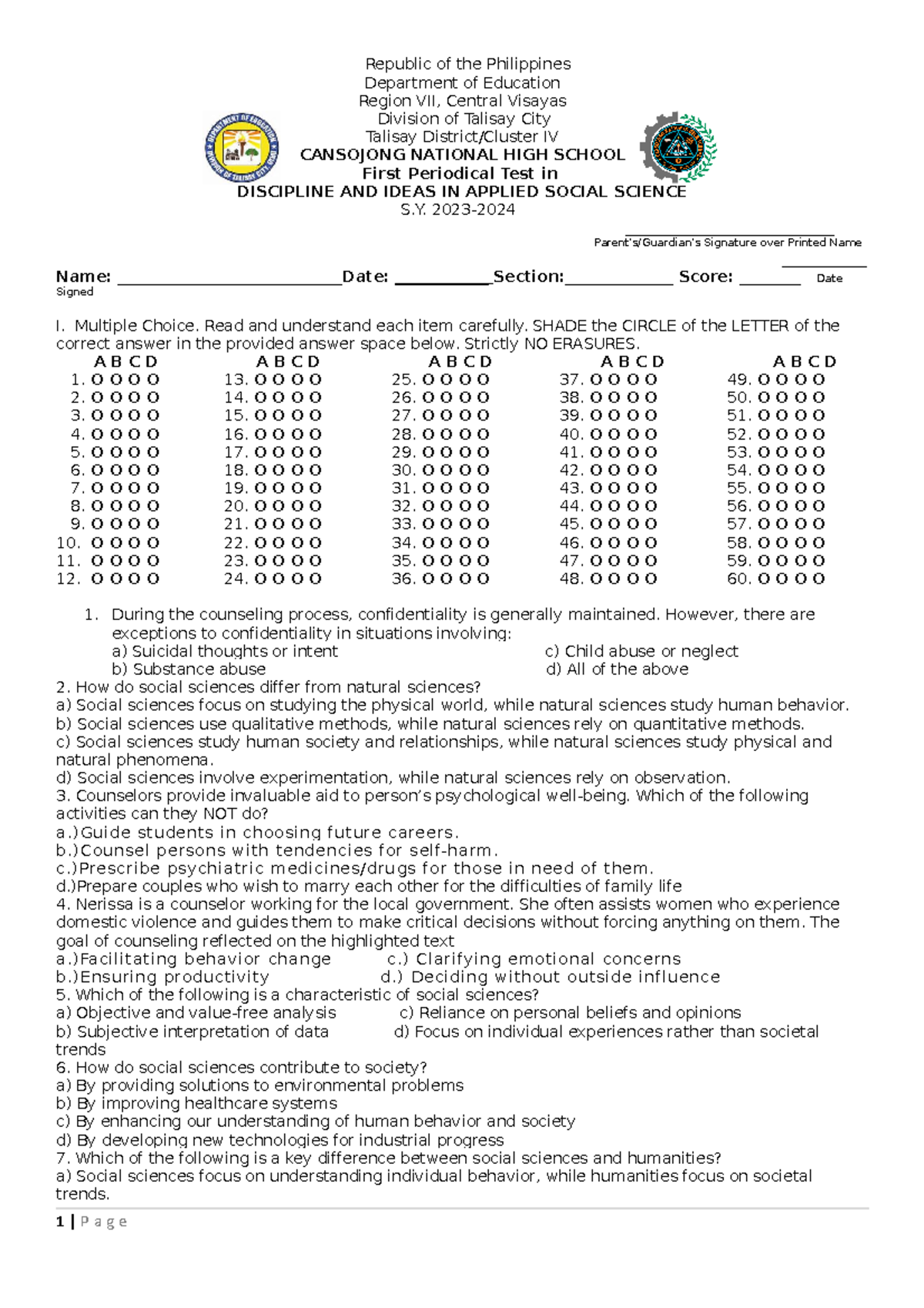 1st Periodical Test for Perdev - Republic of the Philippines Department ...