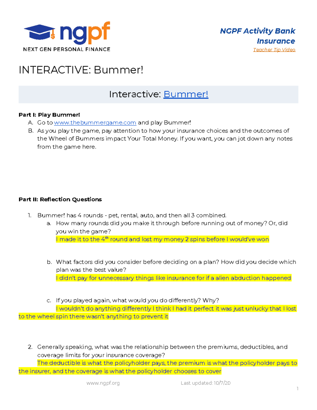 Interactive (Bummer Insurance Game) - NGPF Activity Bank Insurance ...