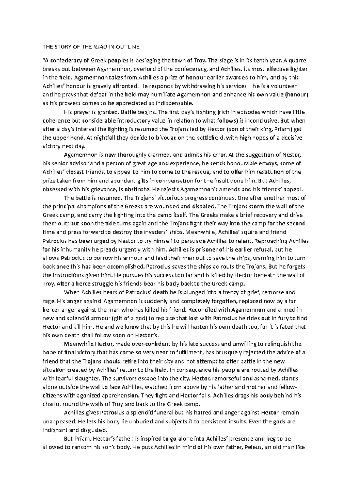 Iliad summary - dr Danielle Sands - THE STORY OF THE ILIAD IN OUTLINE ...