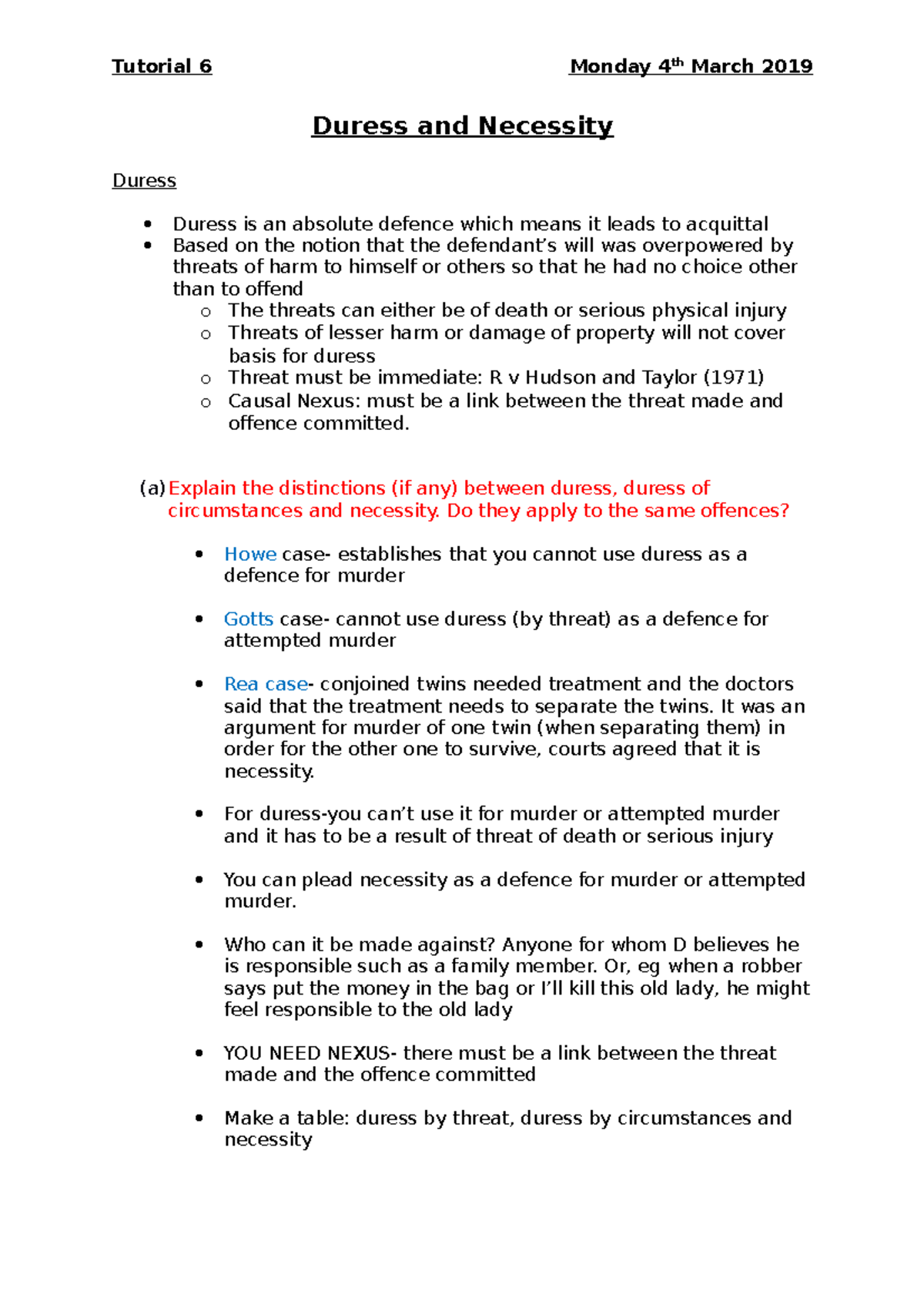 (6) Duress and Necessity - Tutorial 6 Monday 4th March 2019 Duress and ...