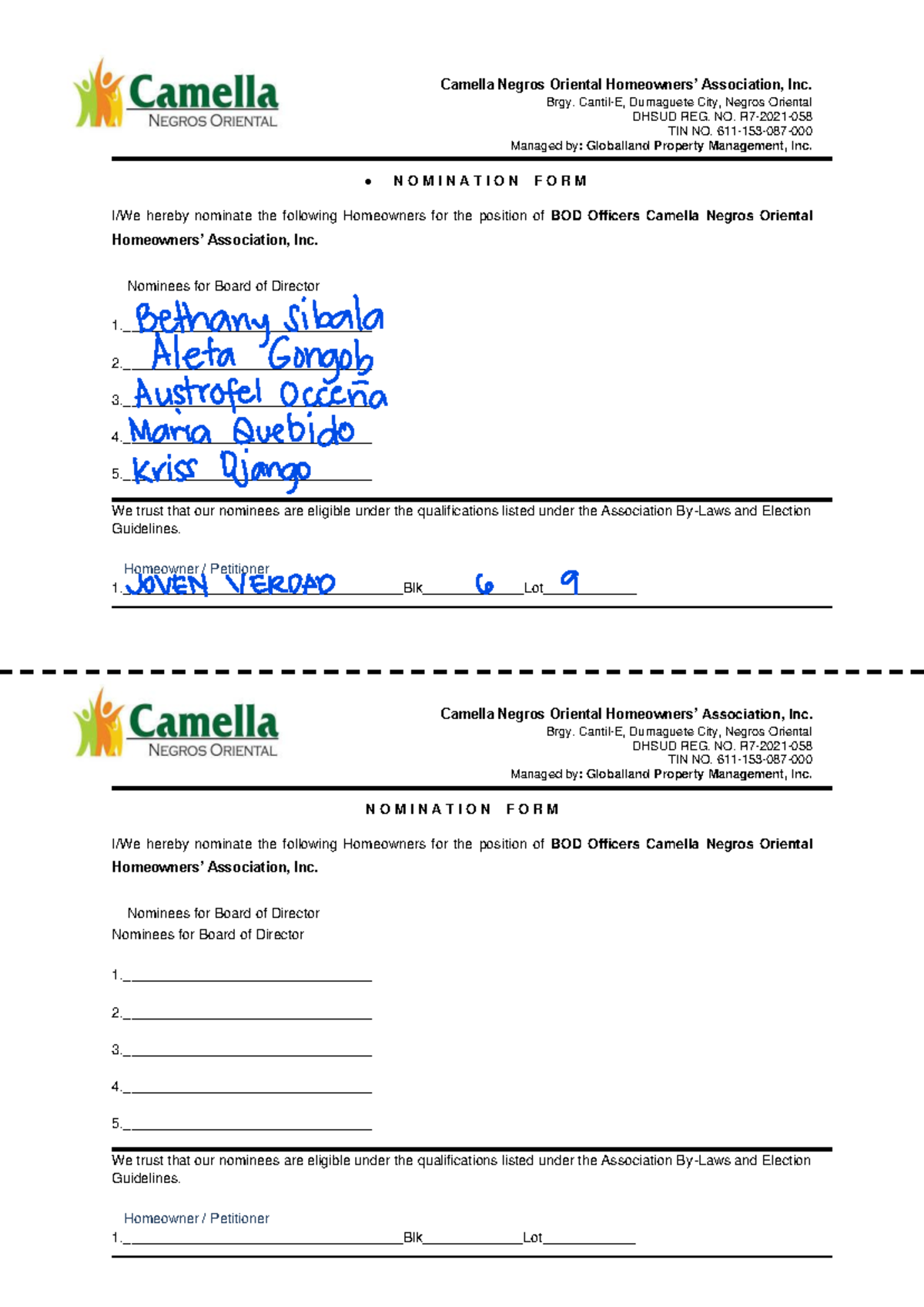 Nomination-Form-1 - sample sheet - Camella Negros Oriental Homeowners ...