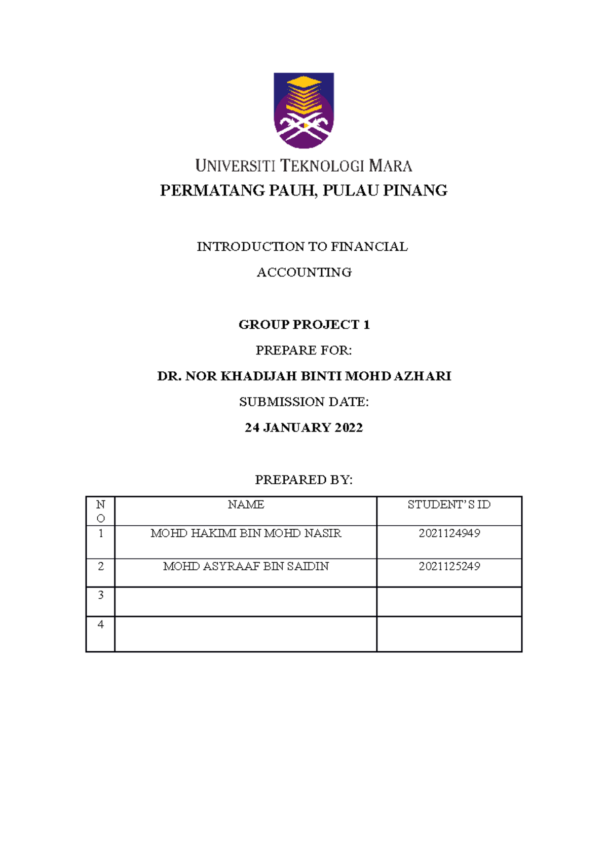 ACC 117 Group Assignment - PERMATANG PAUH, PULAU PINANG INTRODUCTION TO ...