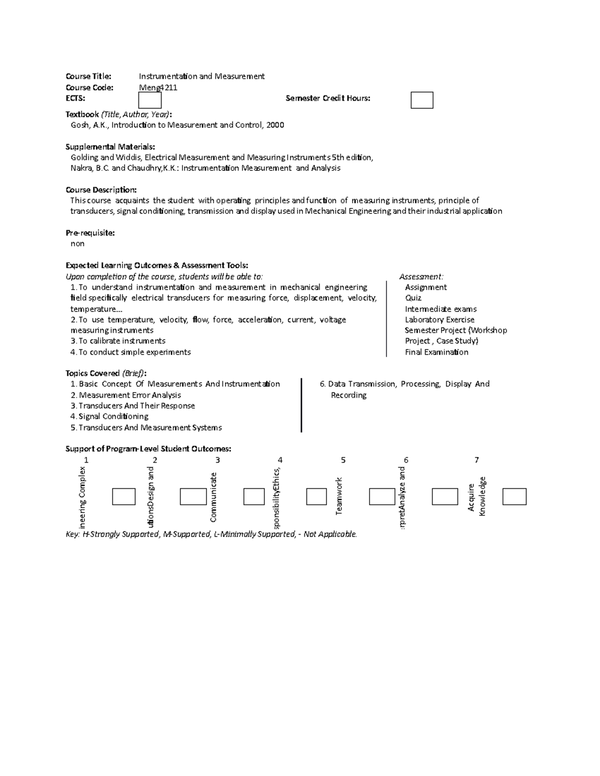 Instrumentation and Measurement Syllabus Template Amanuel - Course ...