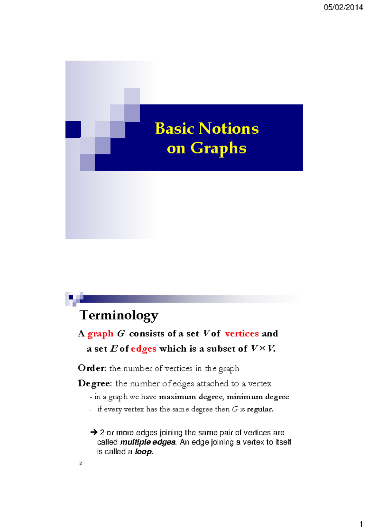 Terminology-of-graph - Basic Notions on Graphs 2 A graph G consists of a set V of vertices and a ...