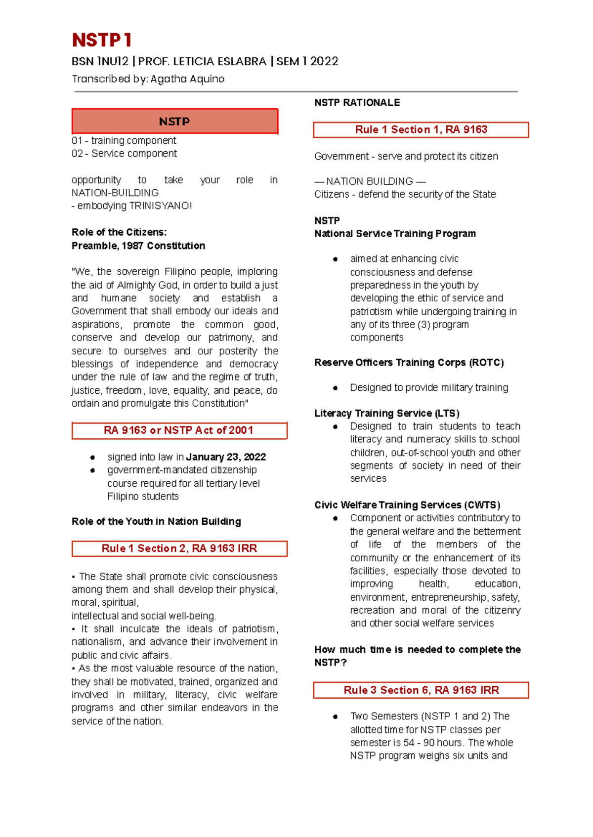 Finals NSTP - NSTP 1 Transes - NSTP 1 BSN 1NU12 | PROF. LETICIA ESLABRA ...