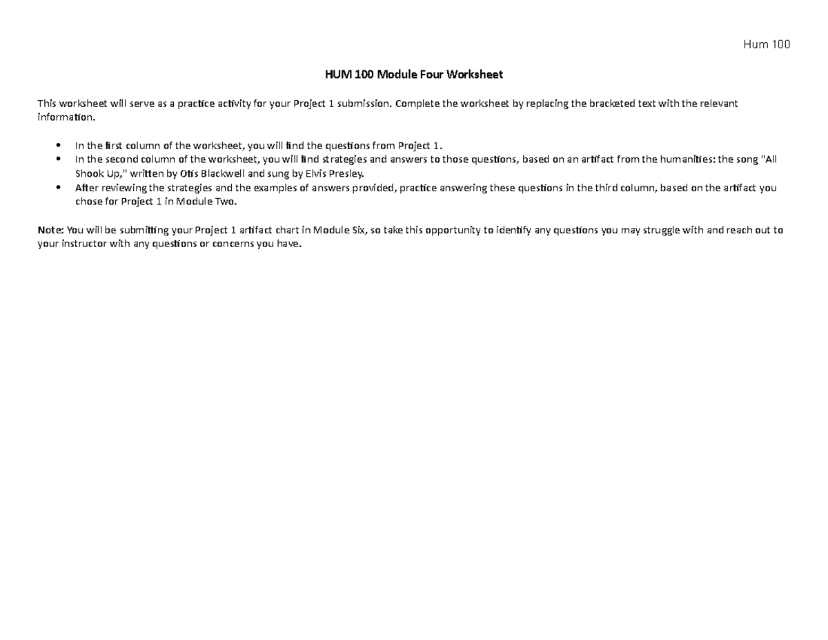 Module Four Worksheet - Hum 100 HUM 100 Module Four Worksheet This ...