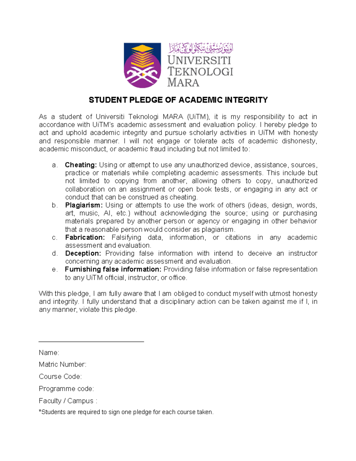 Student Pledge OF Academic Integrity - STUDENT PLEDGE OF ACADEMIC ...