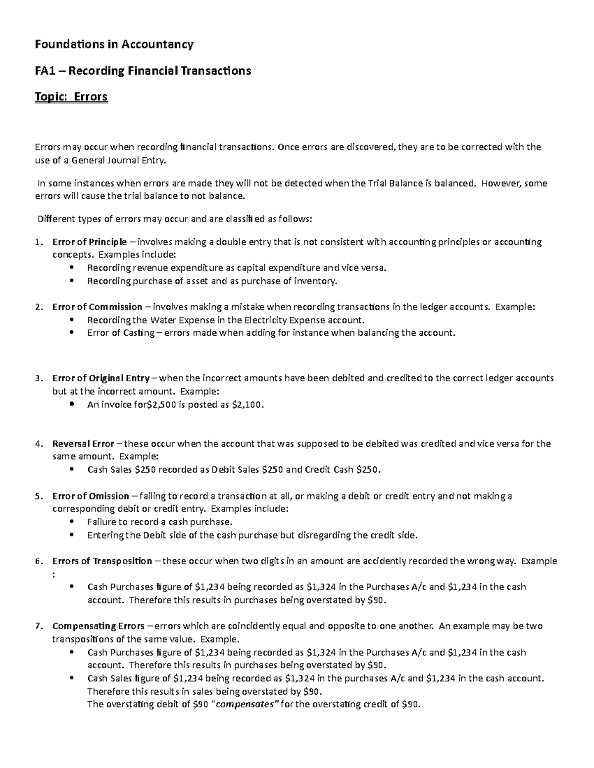 Lecture 7 - Errors - ACCA/FIA FA1 - Foundations in Accountancy FA1 ...