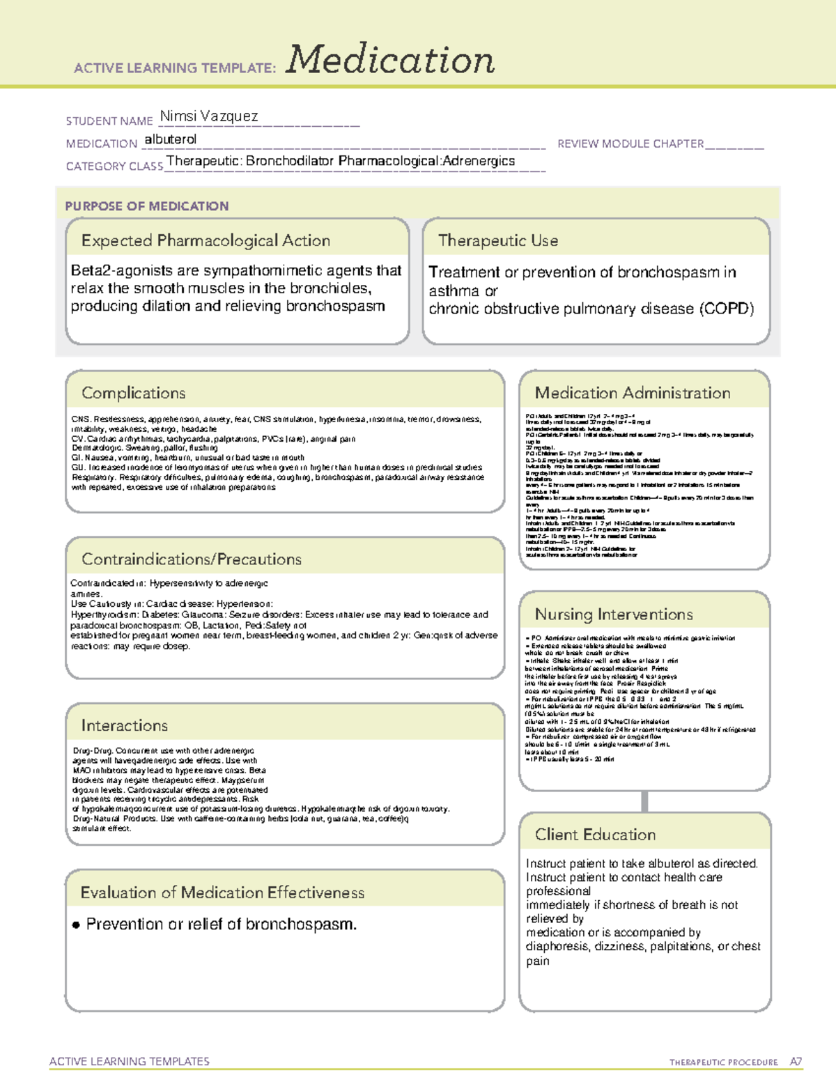 Albuterol - pharm - ACTIVE LEARNING TEMPLATES TherapeuTic procedure A ...