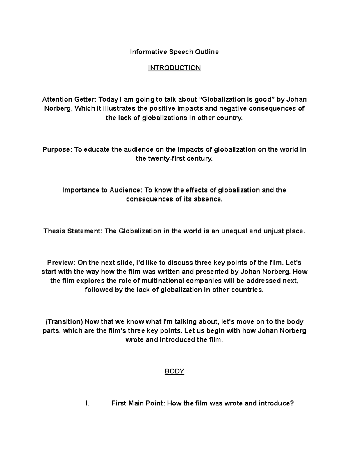 Informative Speech Outline - Informative Speech Outline INTRODUCTION ...