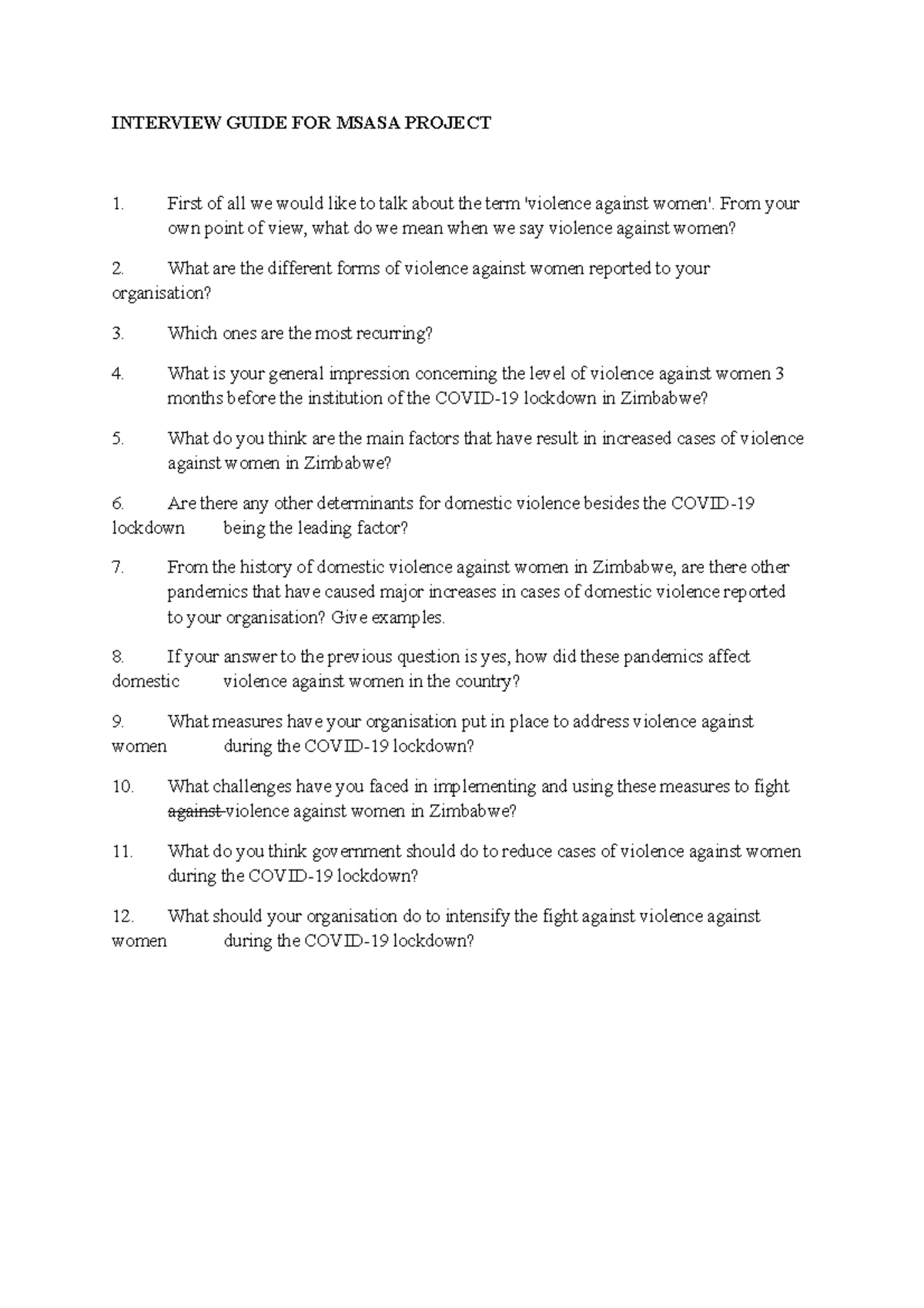 Interview Guide FOR KEY Informants - INTERVIEW GUIDE FOR MSASA PROJECT ...