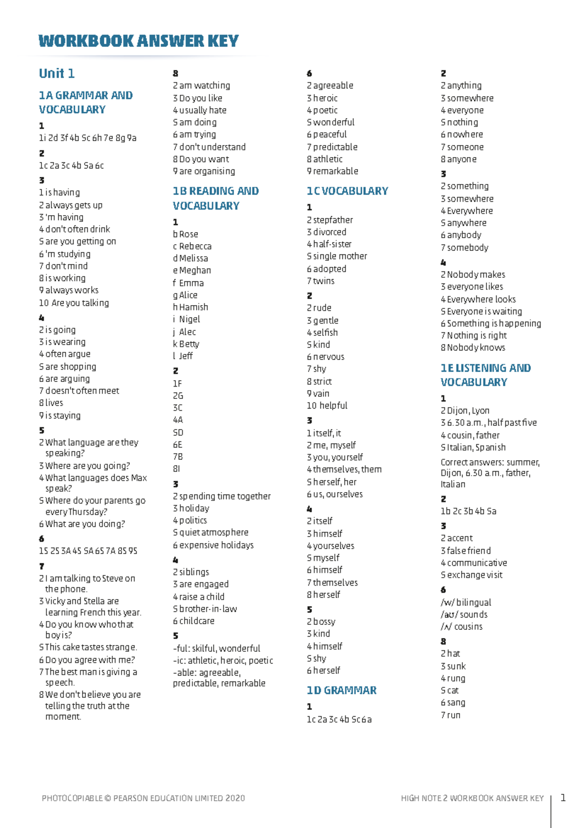 633677243 High Note 2 WB Answer Key pdf - Unit 1 1A GRAMMAR AND VOCABULARY 1 1i 2d 3f 4b 5c 6h ...
