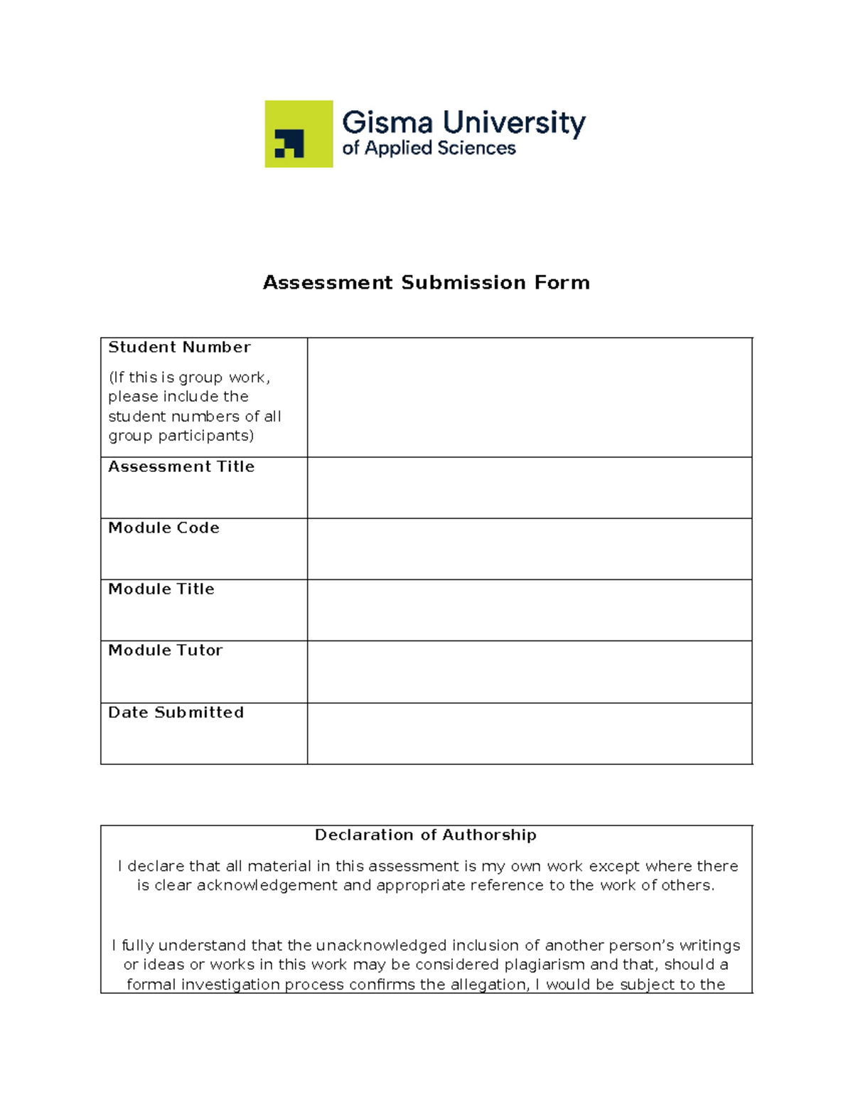 Assessment Submission Form all modules - Assessment Submission Form Student Number (If this is ...