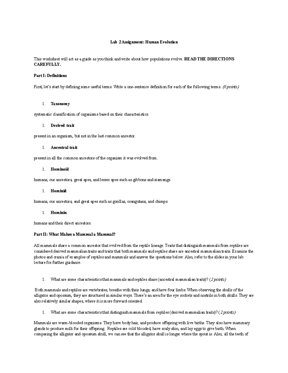 Anthp 105 lab 2 - Lab #2 - Lab 2 Assignment: Human Evolution This ...
