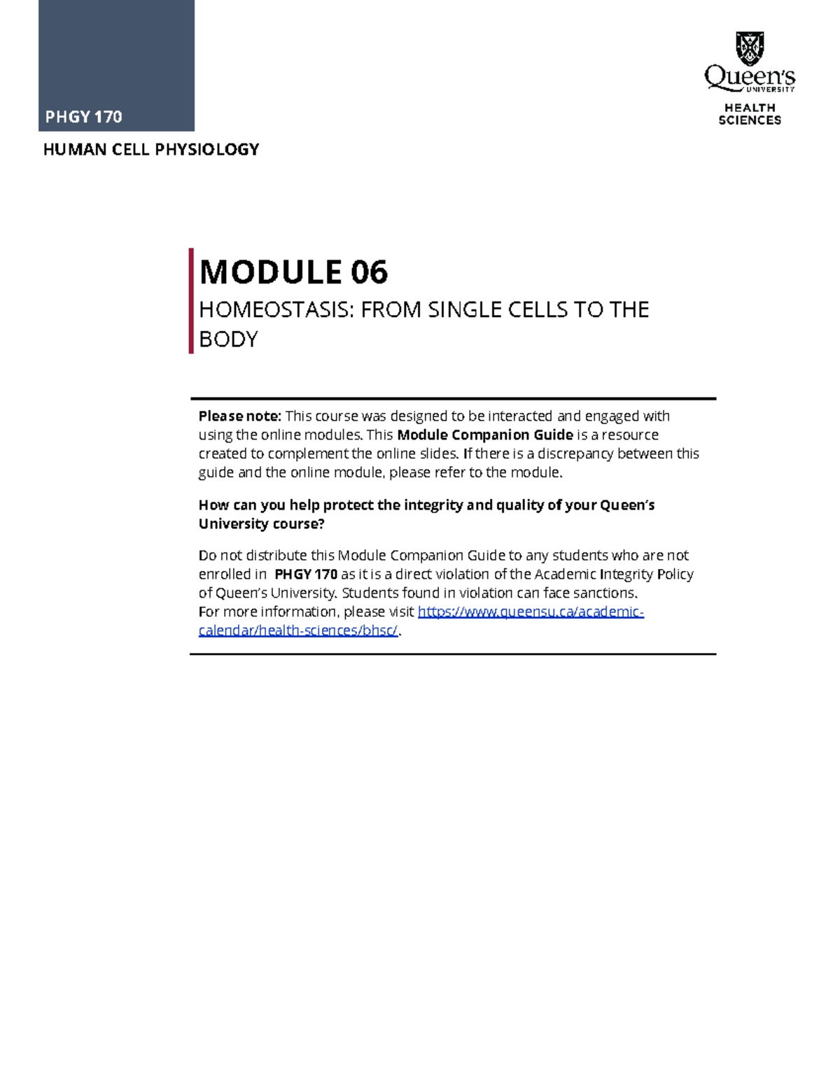 Module 6 Companion Guide - oiw MODULE 06 HOMEOSTASIS: FROM SINGLE CELLS TO THE BODY Please note ...