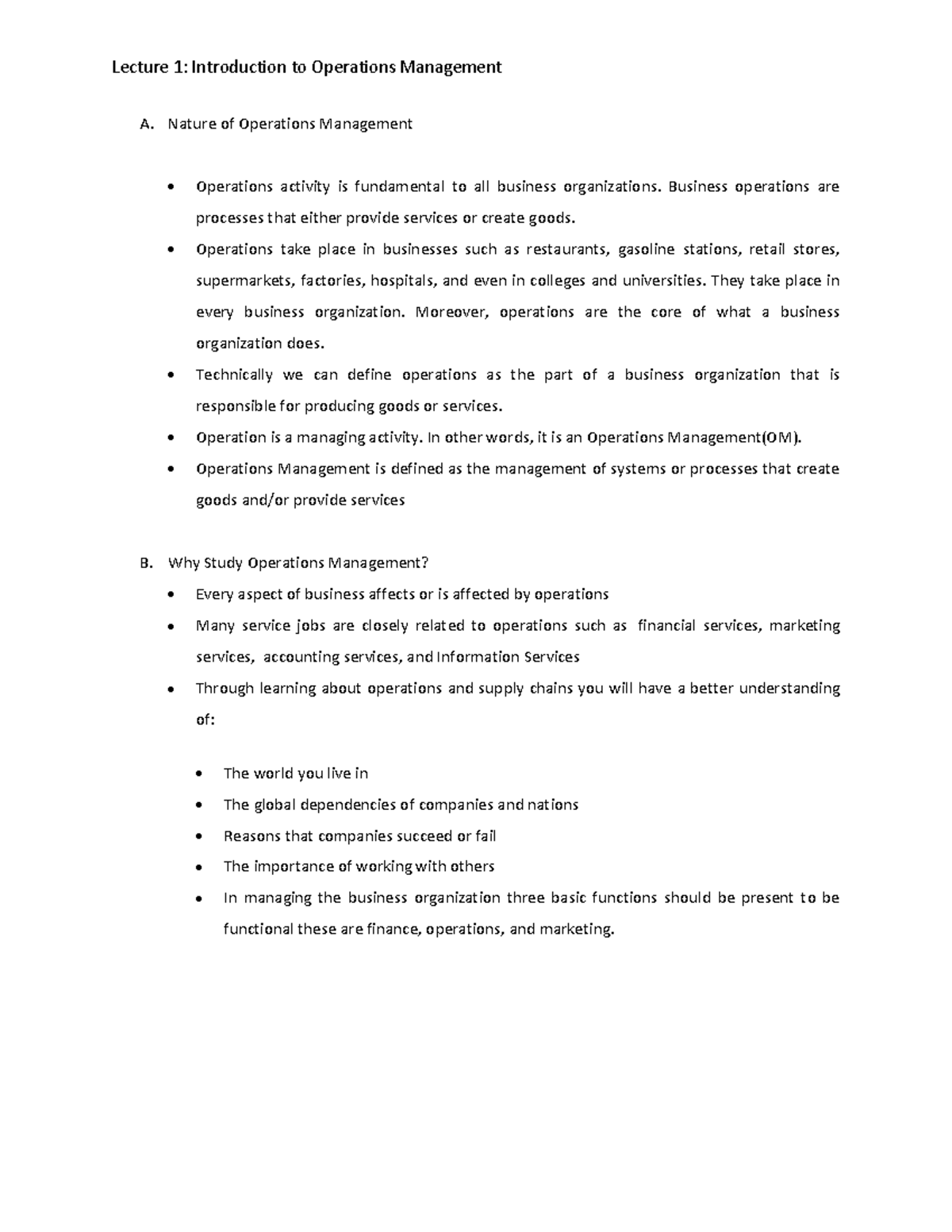 Nature of Operations Management - A. Nature of Operations Management ...