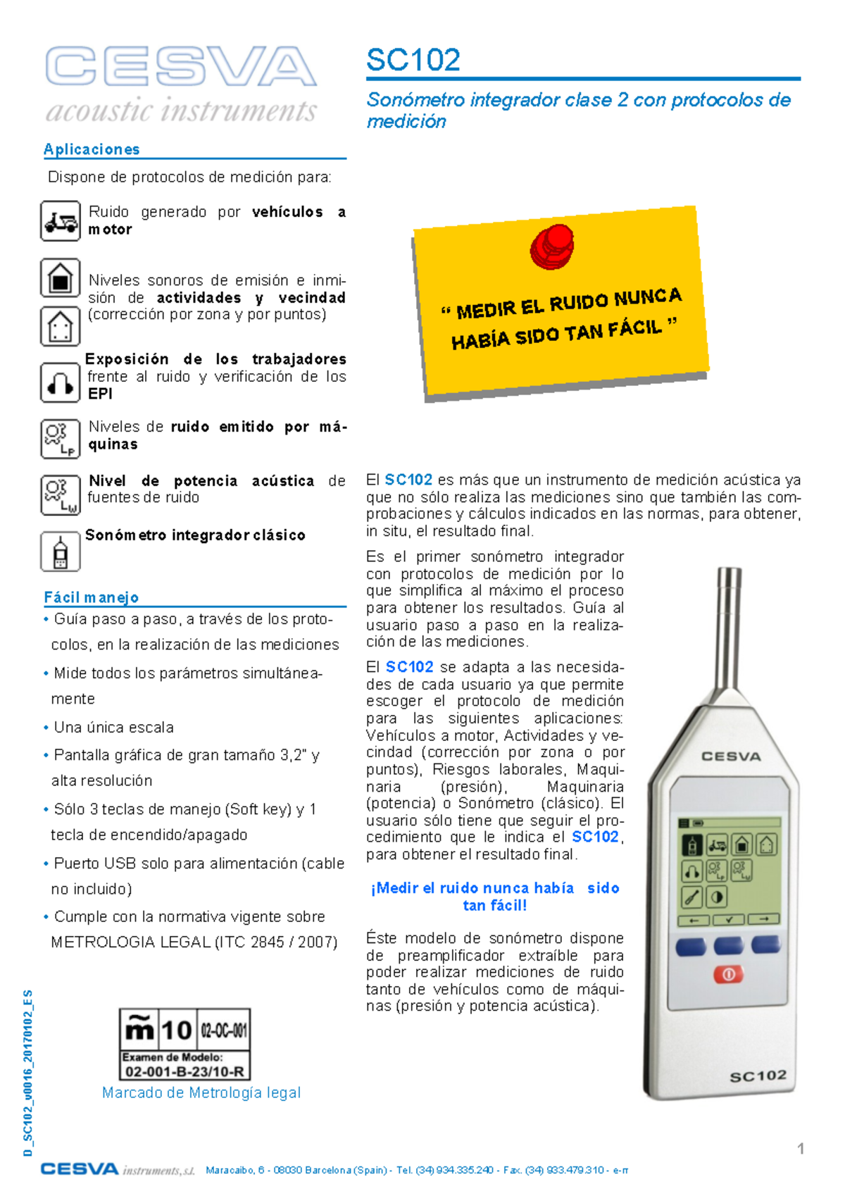 Ficha Técnica - Sonómetro SC102 - Sonómetro integrador clase 2 con protocolos de medición - Studocu