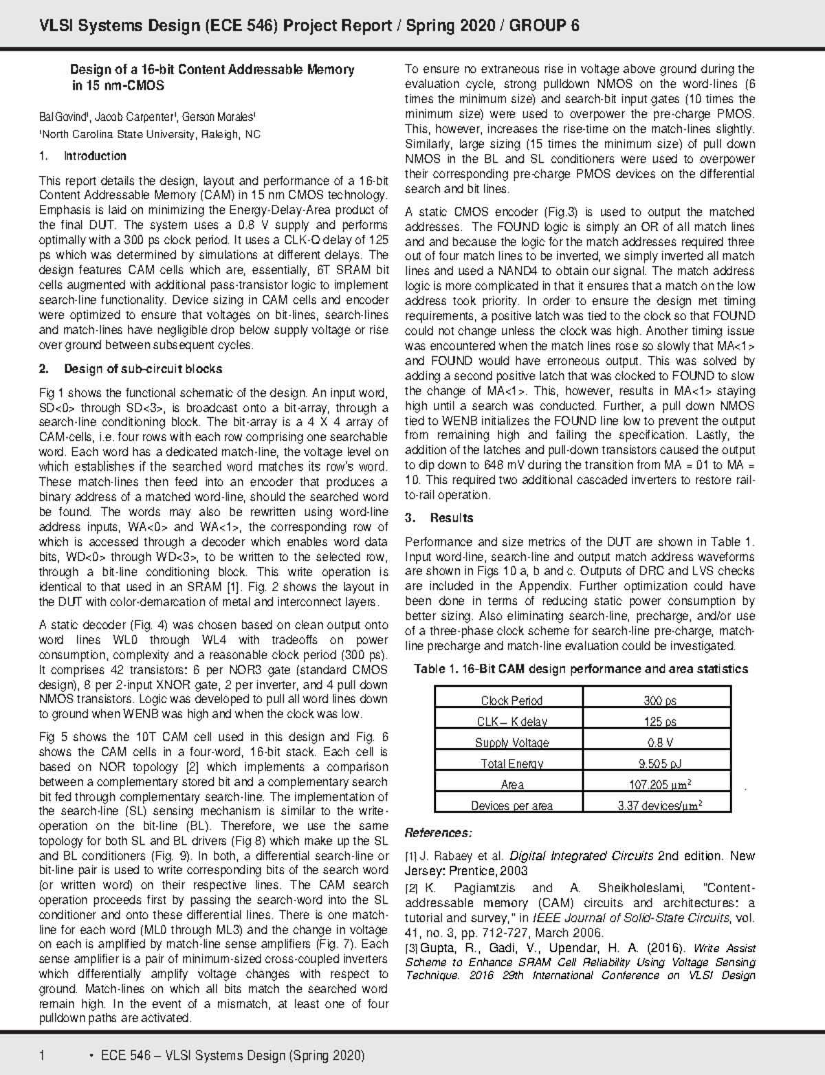 Project CAM - VLSI Systems Design (ECE 546) Project Report / Spring 2020 / GROUP 6 Design of a ...