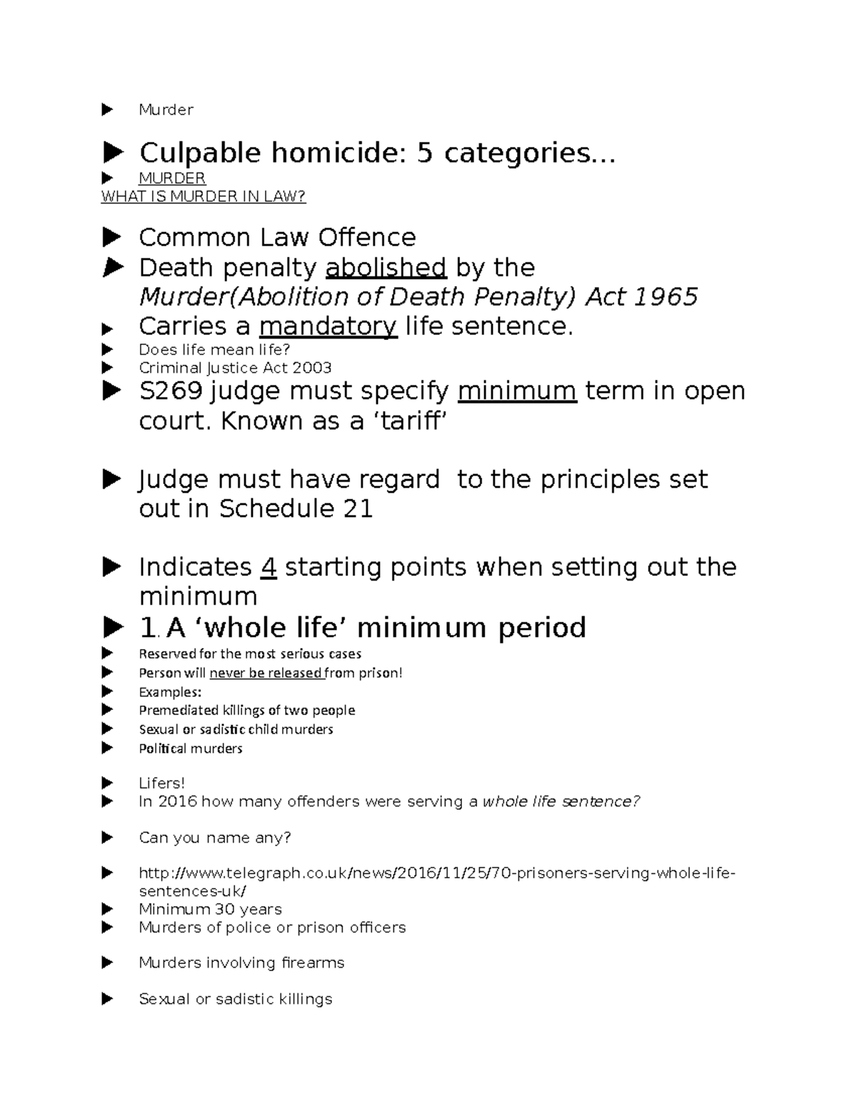 Murder Lecture Notes - Murder Culpable homicide: 5 categories... MURDER ...