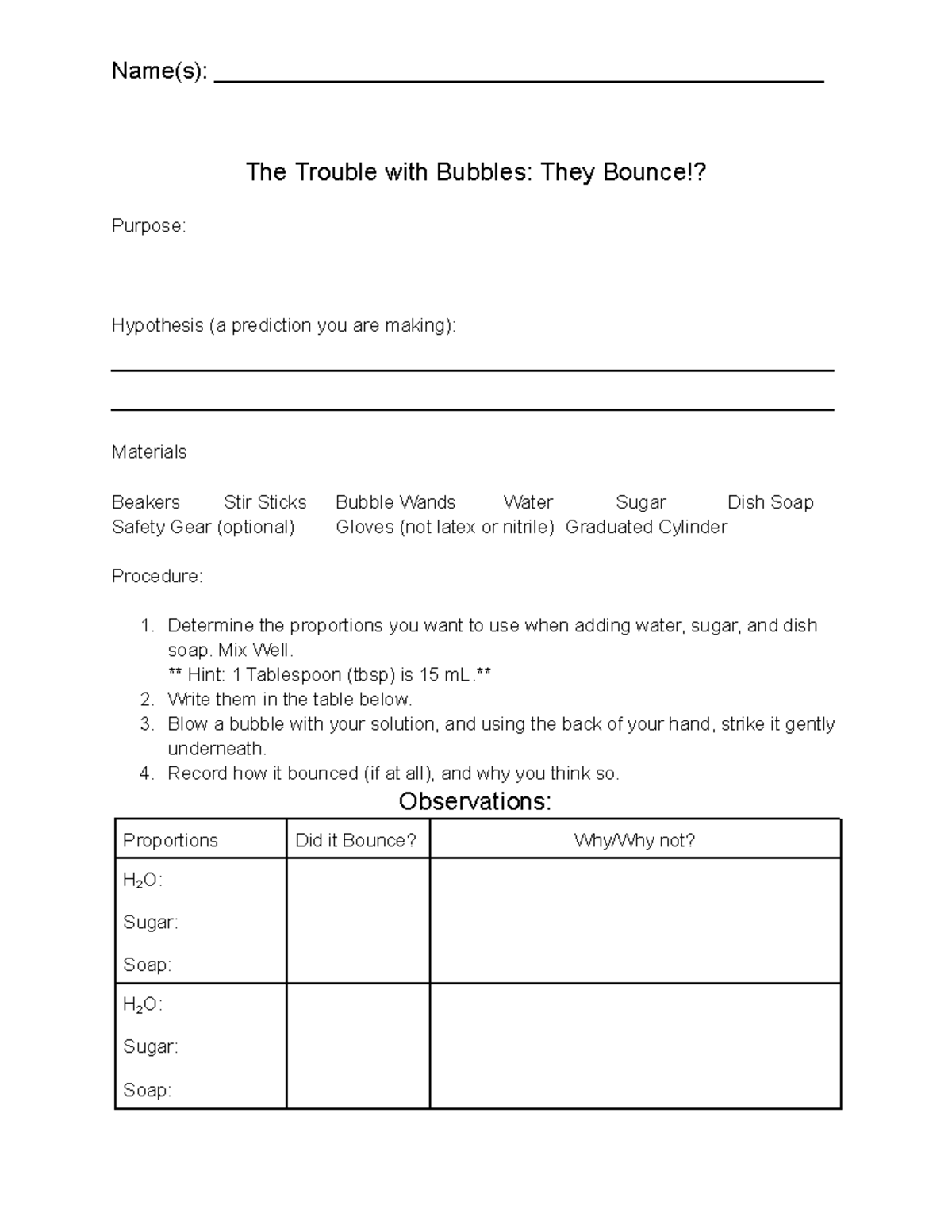 The Trouble with Bubbles They Bounce - Name(s